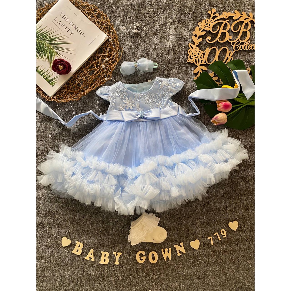 Baby Newborn 6M-3Y 775/6/7/9 Princess Gown Baby Blue Dress Kids ...