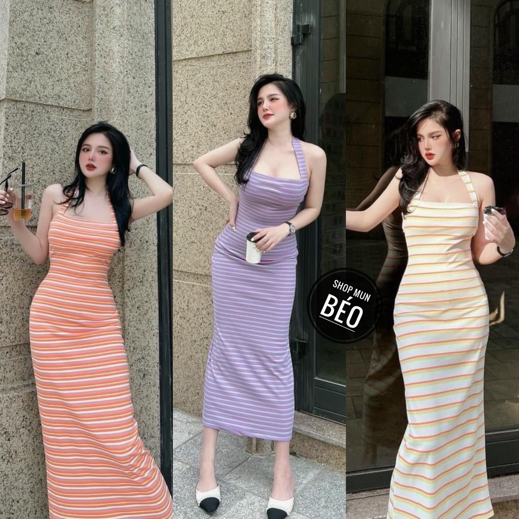 Body Dress With Horizontal Stripes Pattern 1 Ribbed Elastic Neck Gown ...
