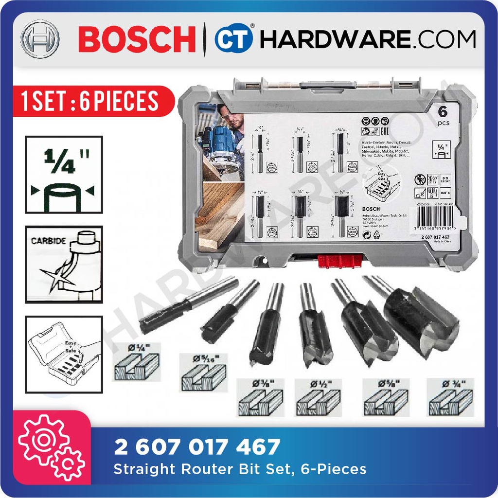 BOSCH 2607017467 STRAIGHT ROUTER BIT SET 1/4" SHANK - 6 PIECES | Shopee ...