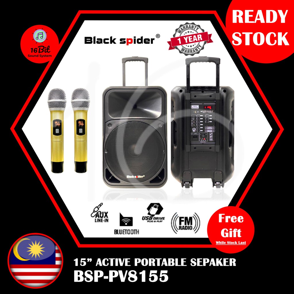 Black Spider Portable Speaker 15” Active with 2 UHF Wireless Microphone ...