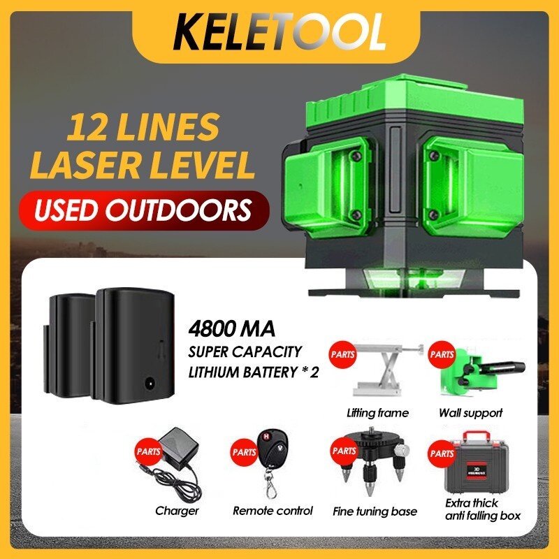 3D Self Leveling 12 Line Laser Level Self Leveling Green Light 360 ...