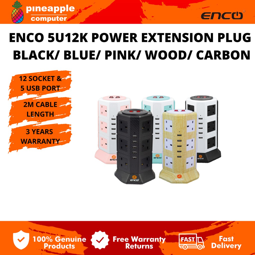 Enco Tower Extension Plug Surge Protector (12 Socket/5 USB Ports) DD ...