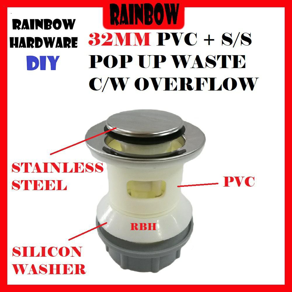 32MM STAINLESS STEEL POP UP C/W PVC WASTE - OVERFLOW (80MM) | Shopee ...