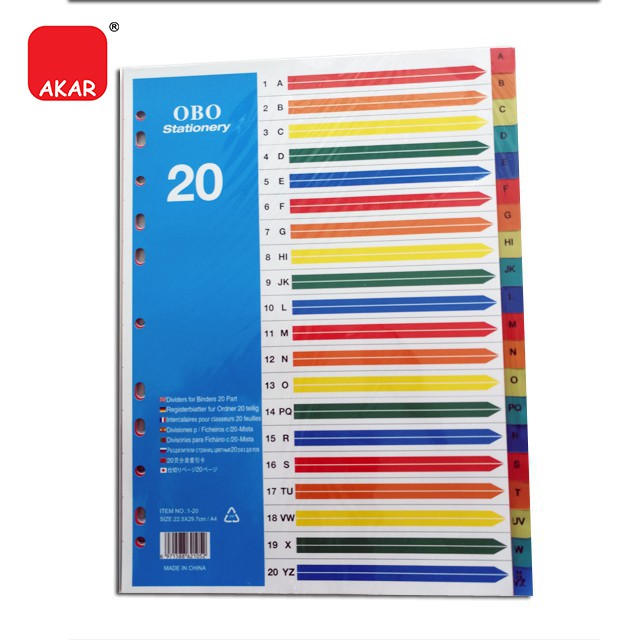 Pemisah Indeks OBO A4 Saiz No.1-20 (OBO A4 Size Index Divider No.1-20 ...