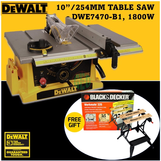 Dewalt DWE7470-B1 1800W 10"/254mm Table Saw Free Workmate 225 (7470 ...