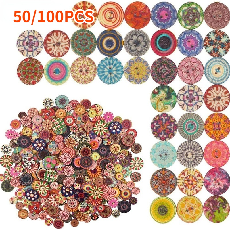 50/100 Pcs Vintage Wooden Buttons 2 Hole Floral Craft Painted Wooden ...