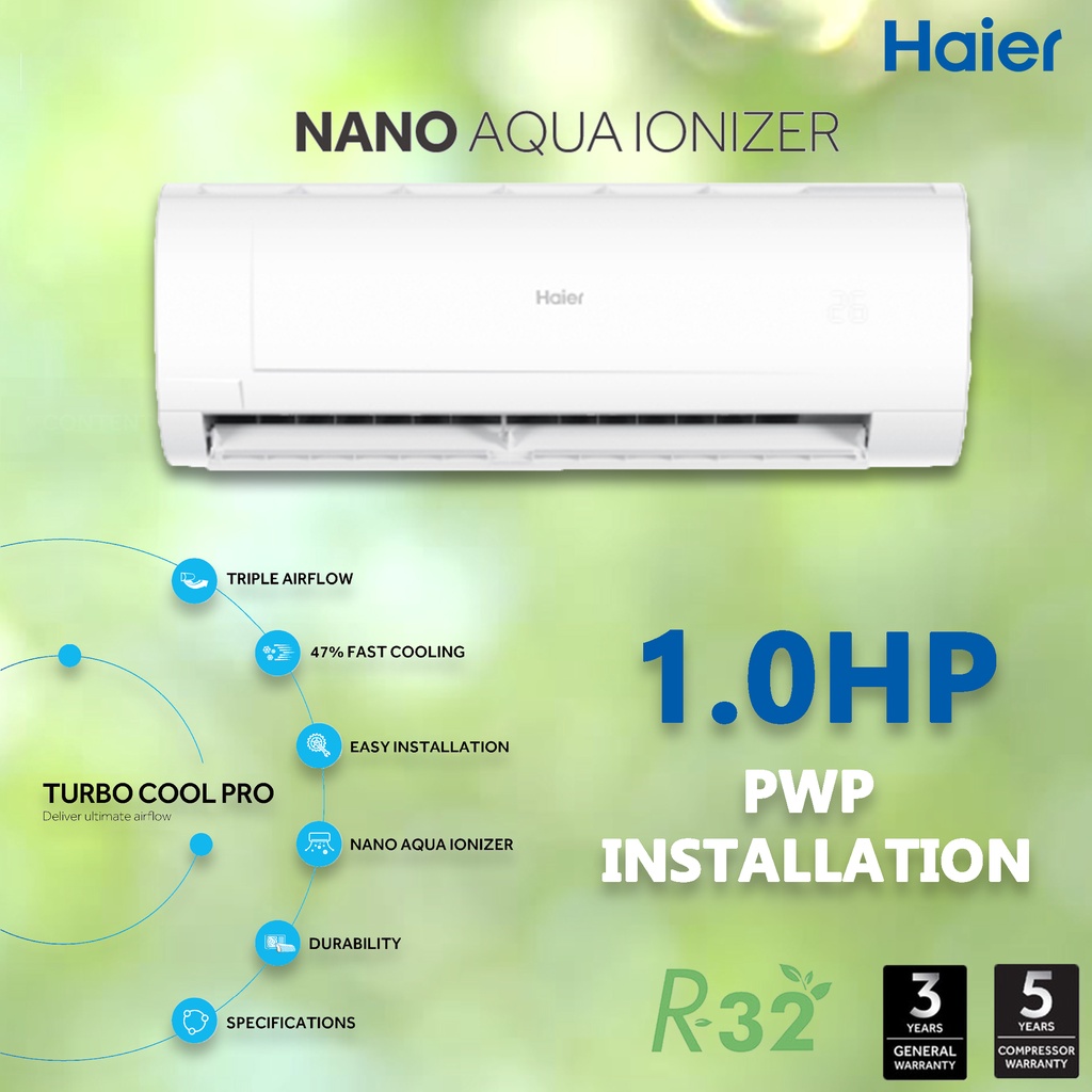 HAIER R32 1HP NON INVERTER AIR CONDITIONER WITH NANO AQUA IONIZER (HSU ...