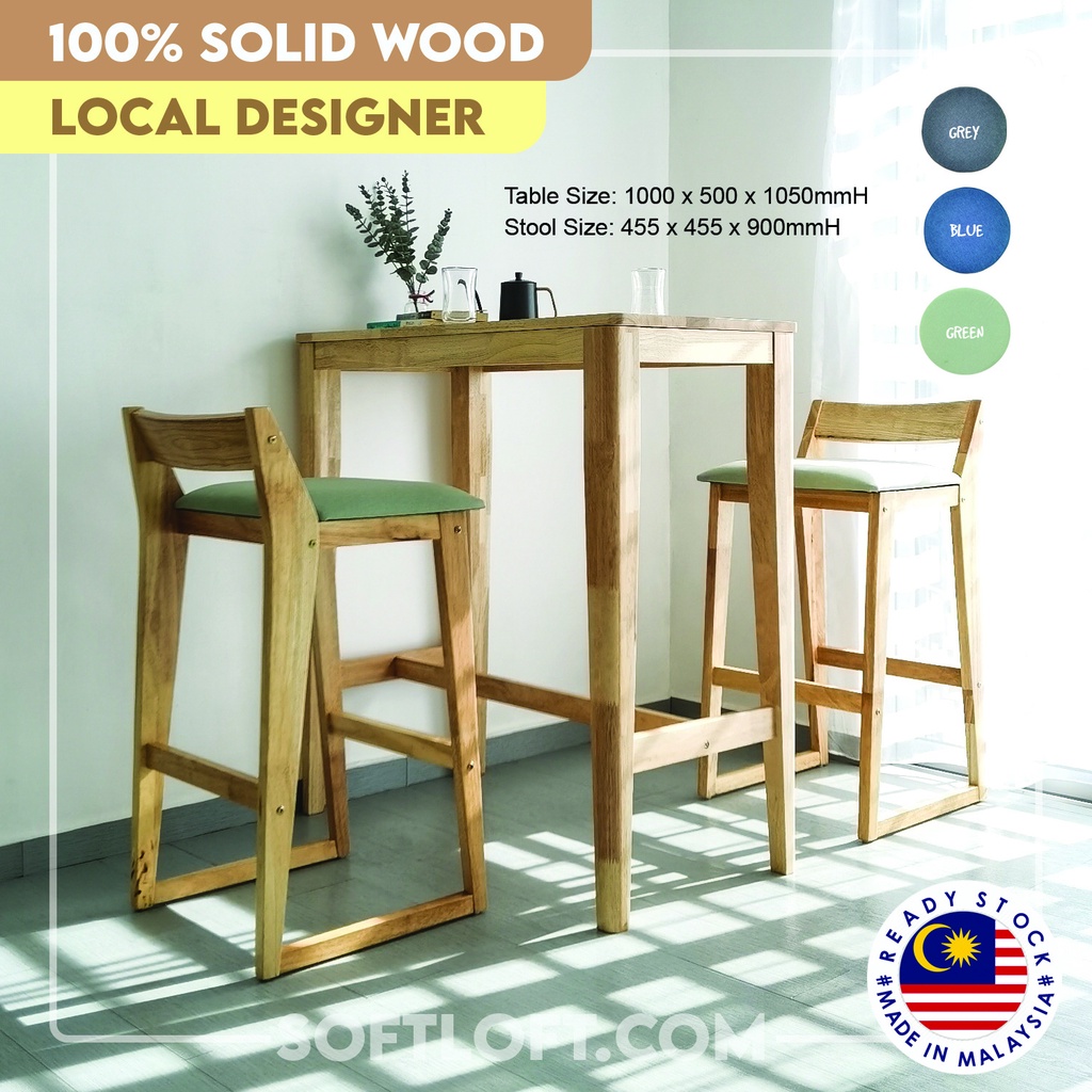 [1+2]BTS Bar Table 105CM + Samp Stool 100% Solid Wood Simple Tall Desk ...