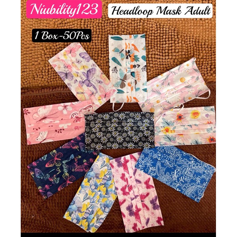 【HEADLOOP MASK 50pcs 】Mix Flower/Rama-rama colour 3 ply BFE