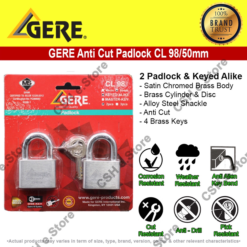 GERE Padlock Lock Anti Cut Padlock CL98/50mm 2 Locks Keyed Alike Kunci ...