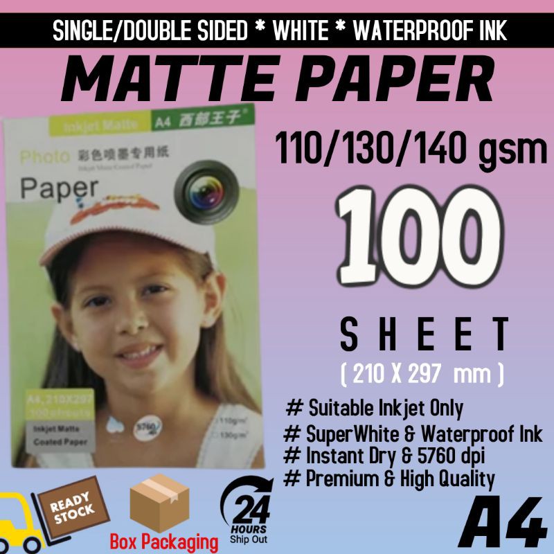 A4 A3 Matte Coated Paper Inkjet Printing Single/ Double Sided 100 Sheet ...