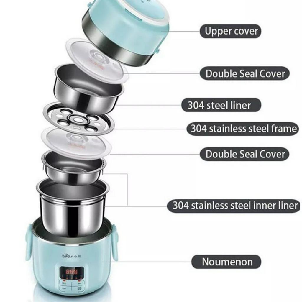 Bear Electric Lunch Box Portable Heating 3-Layers Stainless Multi Mini Rice Cooker (2L) DFH ...