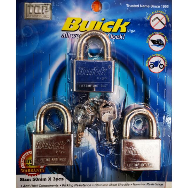 [ORIGINAL] BUICK 50MM X 3 PADLOCK ( KEYALIKE ) | Shopee Malaysia
