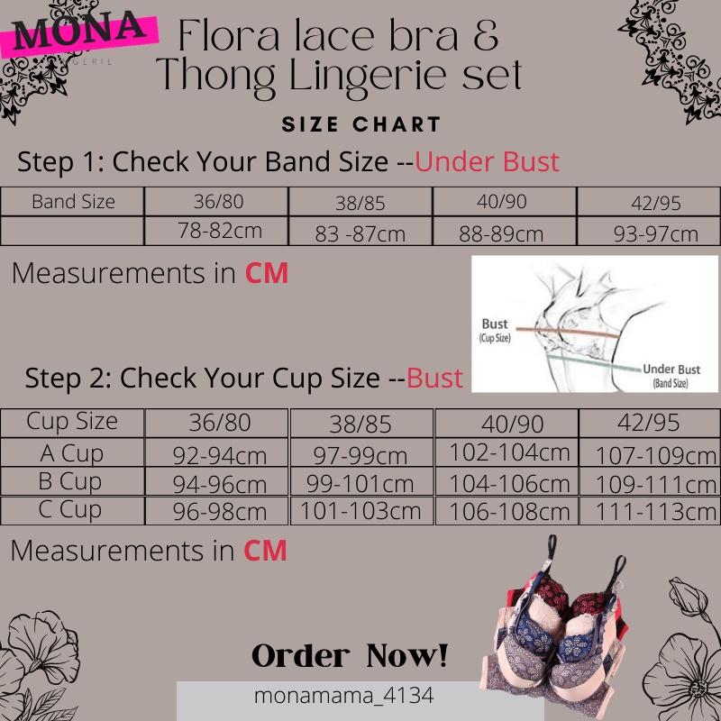 MONA Bra Set With Thong Panties Embroidery Lace Push Up Bra Set Pakaian ...
