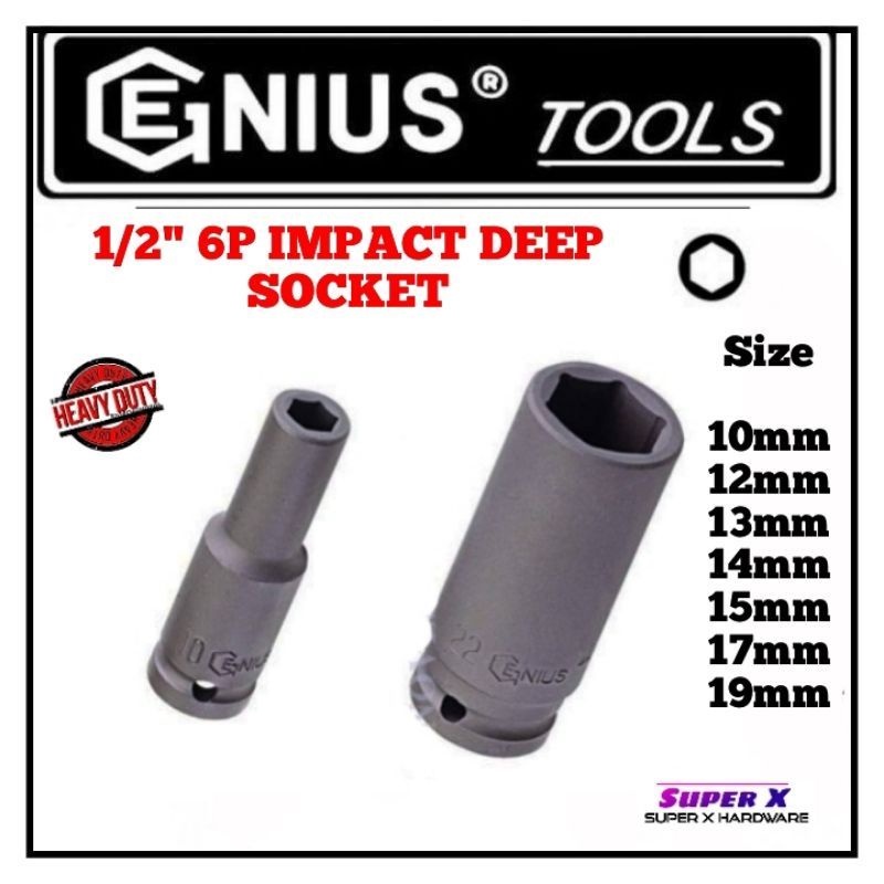 GENIUS IMPACT DEEP SOCKET BLACK 1/2" DR ( 6PT ) 10MM ~ 19MM | Shopee ...
