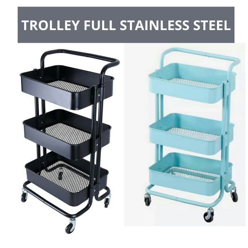 TROLLEY FULL STAINLESS STEEL TRAY & TIANG-TROLI BERTINGKAT-3 TIER MULTI ...