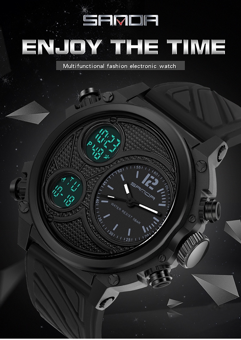 SANDA LED Sport Digital Watches 50m Waterproof Electronic Wristwatch Three Time Display Quartz ...