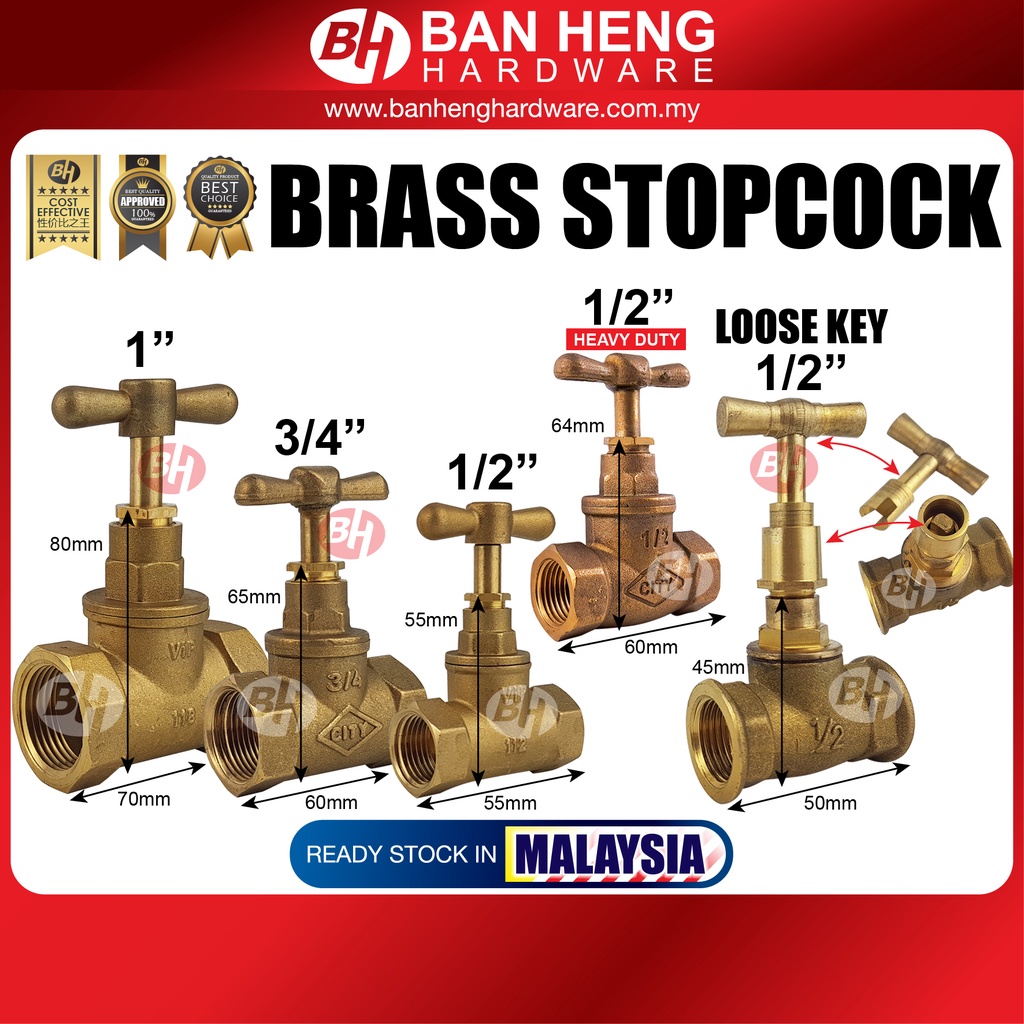 BRASS STOPCOCK 1/2'' , 3/4" , 1" L/D / 1/2" H/D / 1/2'' (LOOSE KEY ...