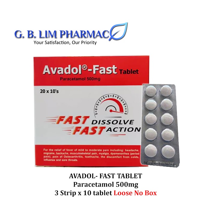 AVADOL FAST 500MG TABLET 30'S LOOSE OR 200'S ONE BOX (EXP: 30-SEP-2025 ...