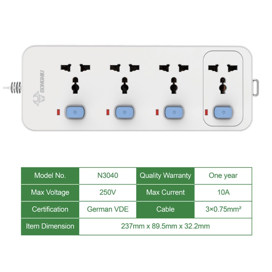 Fireproof Gongniu Power Socket - 4 Sockets 4 Switches - Power 10A / 250 ...