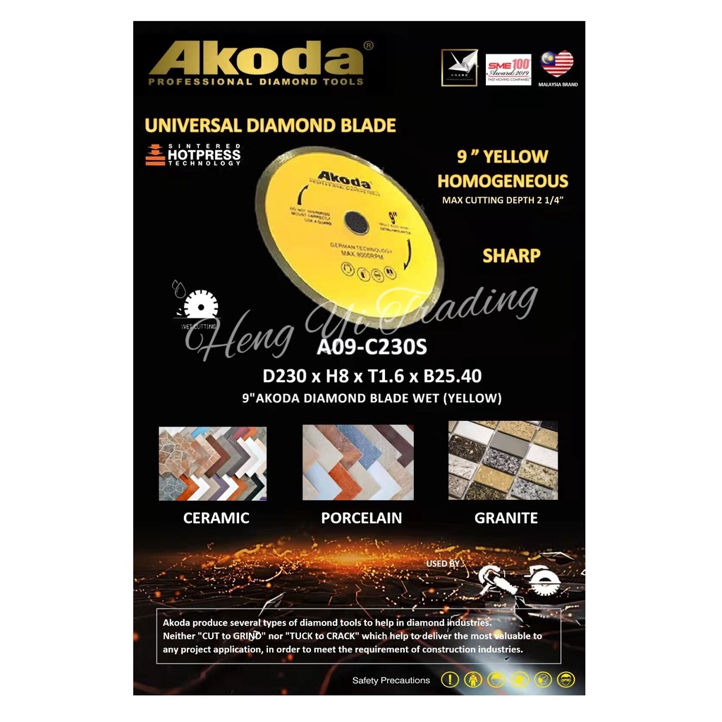 9" AKODA UNIVERSAL DIAMOND BLADE WET STANDARD ( YELLOW ) A09-C230S ...
