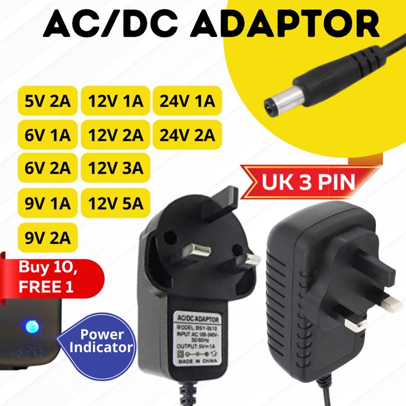 (POWER ADAPTOR) AC/DC 5V2A 6V1A 6V2A 9V1A 9V2A 12V1A 12V2A 12V3A 12V5A 24V1A 24V2A Adaptor UK 3 ...