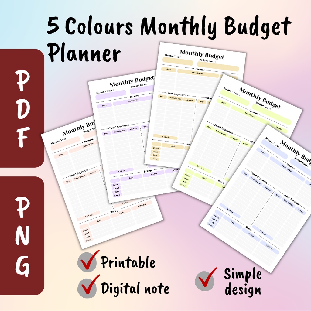 5 Colours Monthly Digital Budget Planner & Tracker | Printable Notebook ...