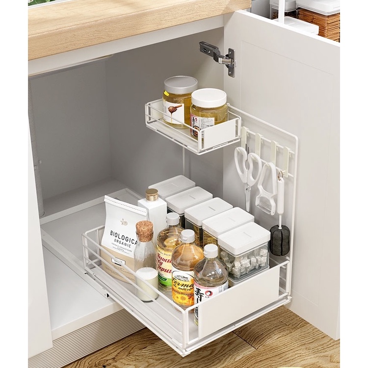 Sink pull-out shelf under side pull rail, multi-function spice rack ...
