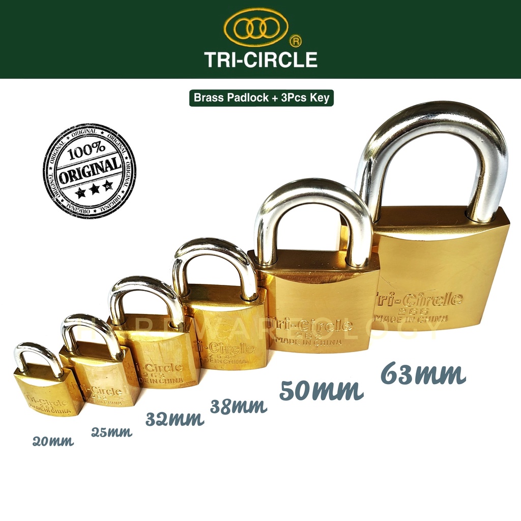 Tri-Circle Brass Pad Lock 20mm 25mm 32mm 38mm 50mm 63mm Tri Circle ...