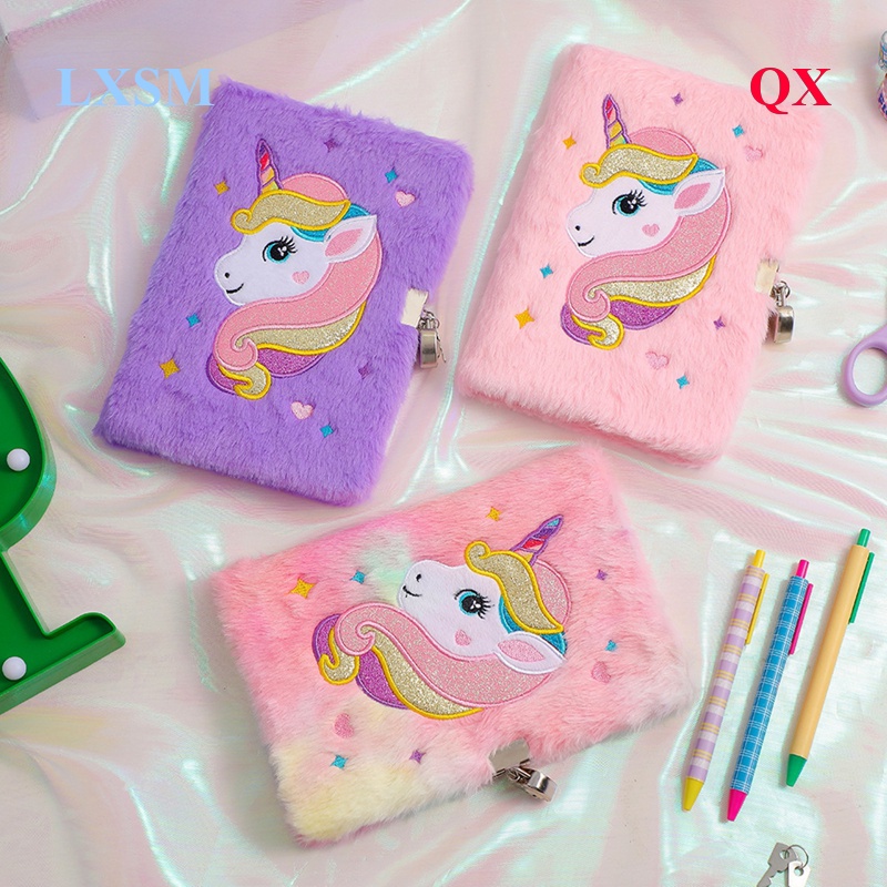 QX Unicorn Notebook with lock Rainbow Pink Blue Purple Fluffy A5 Diary ...