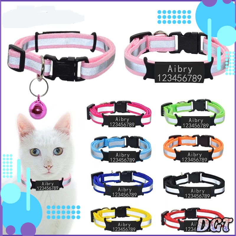 DGT Custom ID Name Tag Cat Collar Bell Necklace Safety Reflective Nylon ...