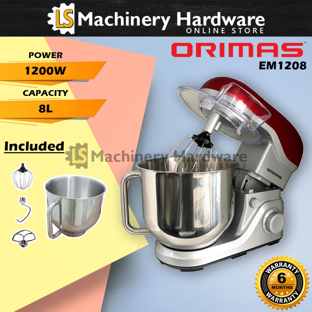 ORIMAS EM1208 Food Stand Mixer 6-Speed 1200W 8 Liter Stainless Steel ...