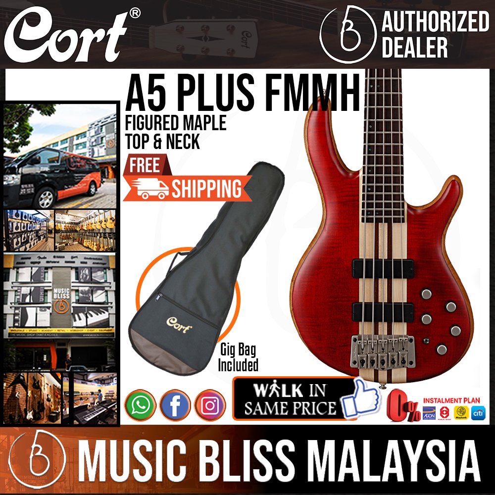 Cort A5 Plus FMMH 5-String Bass Guitar with Bag - Open Pore Black Cherry / Open Pore Natural (A ...