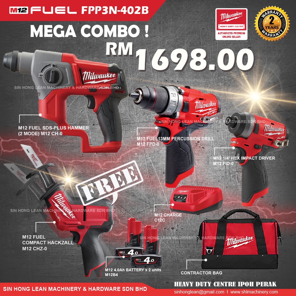 RM1698 MILWAUKEE MEGA COMBO SET M12 FPP3N-402B - M12 CH M12 FPD M12 FID ...