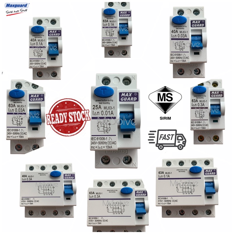 Maxguard 25A 40A 63A /10mA 30mA 100mA 300mA/2Pole 4Pole Residual ...
