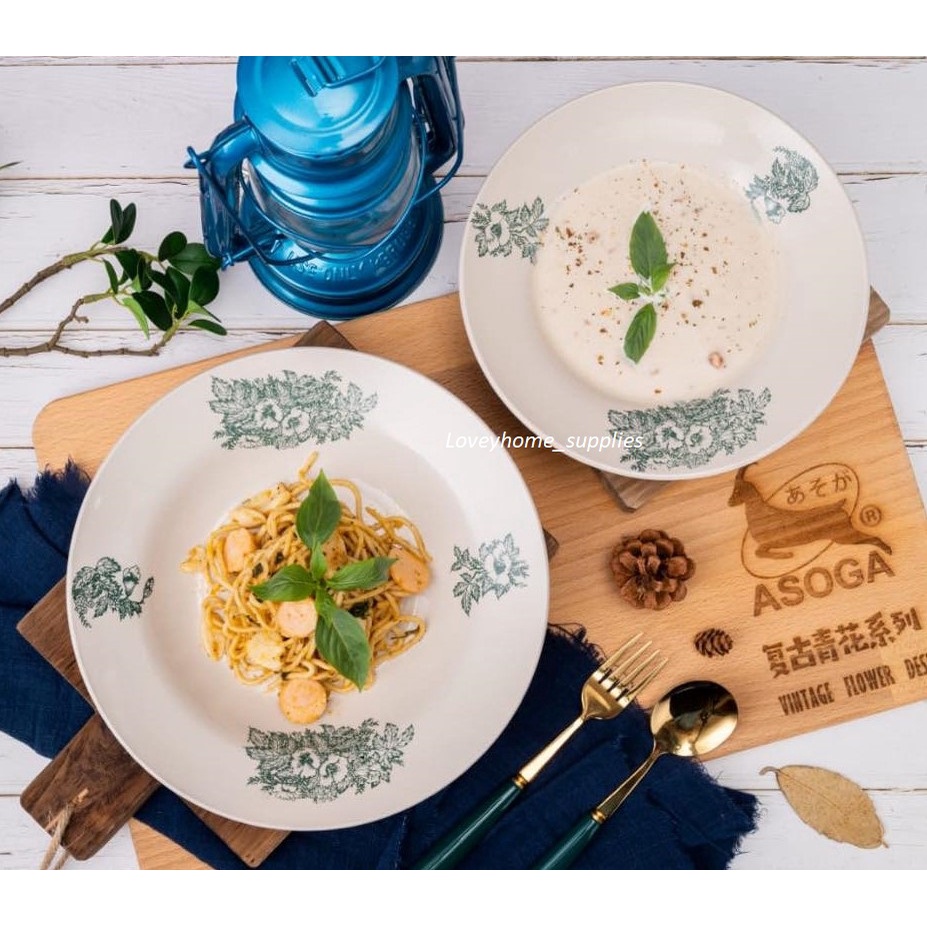 Vintage Soup Plate Traditional Green Flower Nanyang Food Dish Dinner ...
