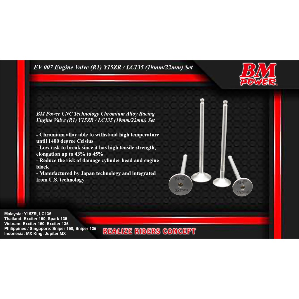 BM Power CNC Technology Chromium Alloy Racing Engine Valve (R1) Y15ZR ...