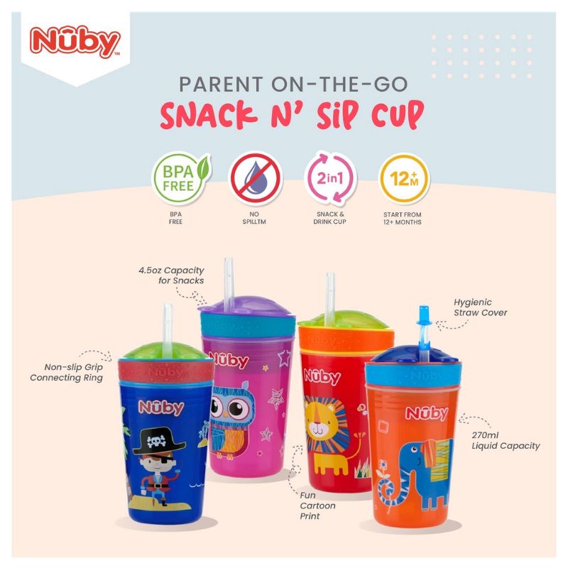 Nuby Snack N Sip 1pk 9oz/270ml Printed Cup 12m+ /Replacement Straw Available Single Pack ...