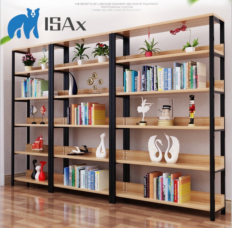 ISAx_Steel-wood bookshelf simple wrought iron shelf wall multi-layer ...