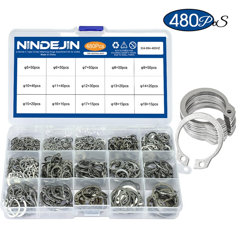 NINDEJIN C Clip External Circlip Set For Shaft 5-19mm 304 Stainless ...