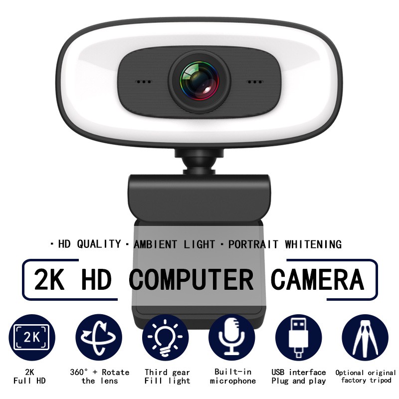 2K HD Webcam with Fill Light Rotatable Laptop Web Camera PC Computer ...