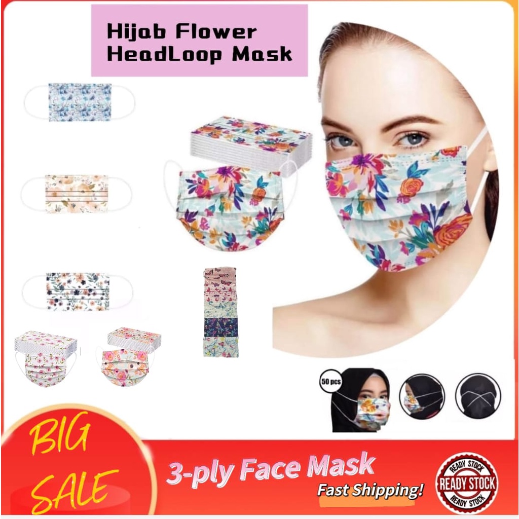 🌸HEADLOOP MASK 50pcs 🌸Mix Flower colour 3 ply BFE