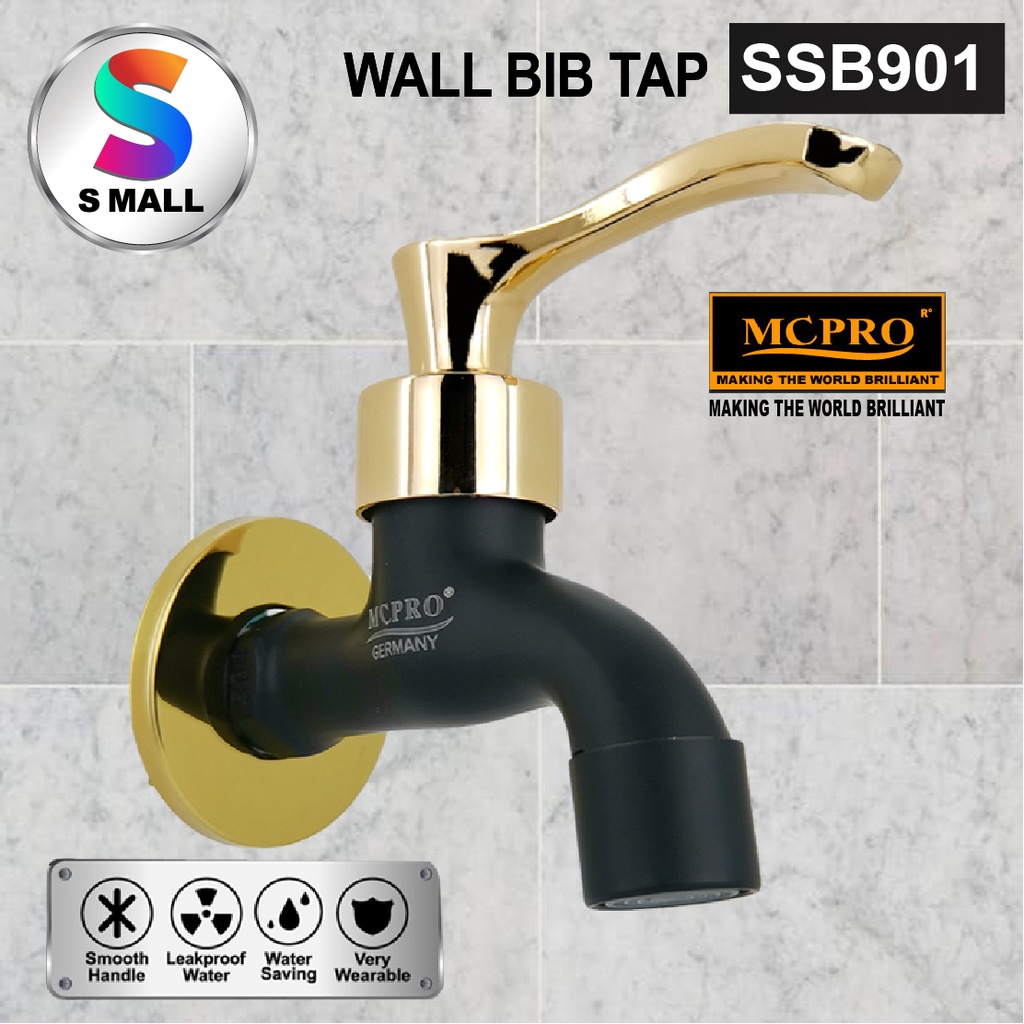 MCPRO Stainless Steel Bathroom Faucet BLACK GOLD WALL BIB TAP (SSB901 ...