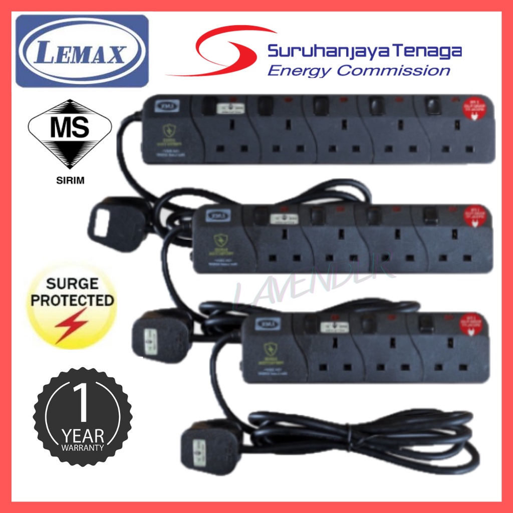 [sirim] Lemax Extension Socket 3 4 5 Gang Surge Protection 2m Black White Extension Wire