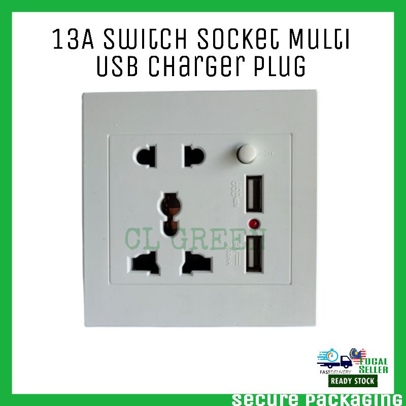 Wall Switch Socket 13A Multifunction USB Charger Plug Port Universal Soket Plug Dinding Pengecas ...