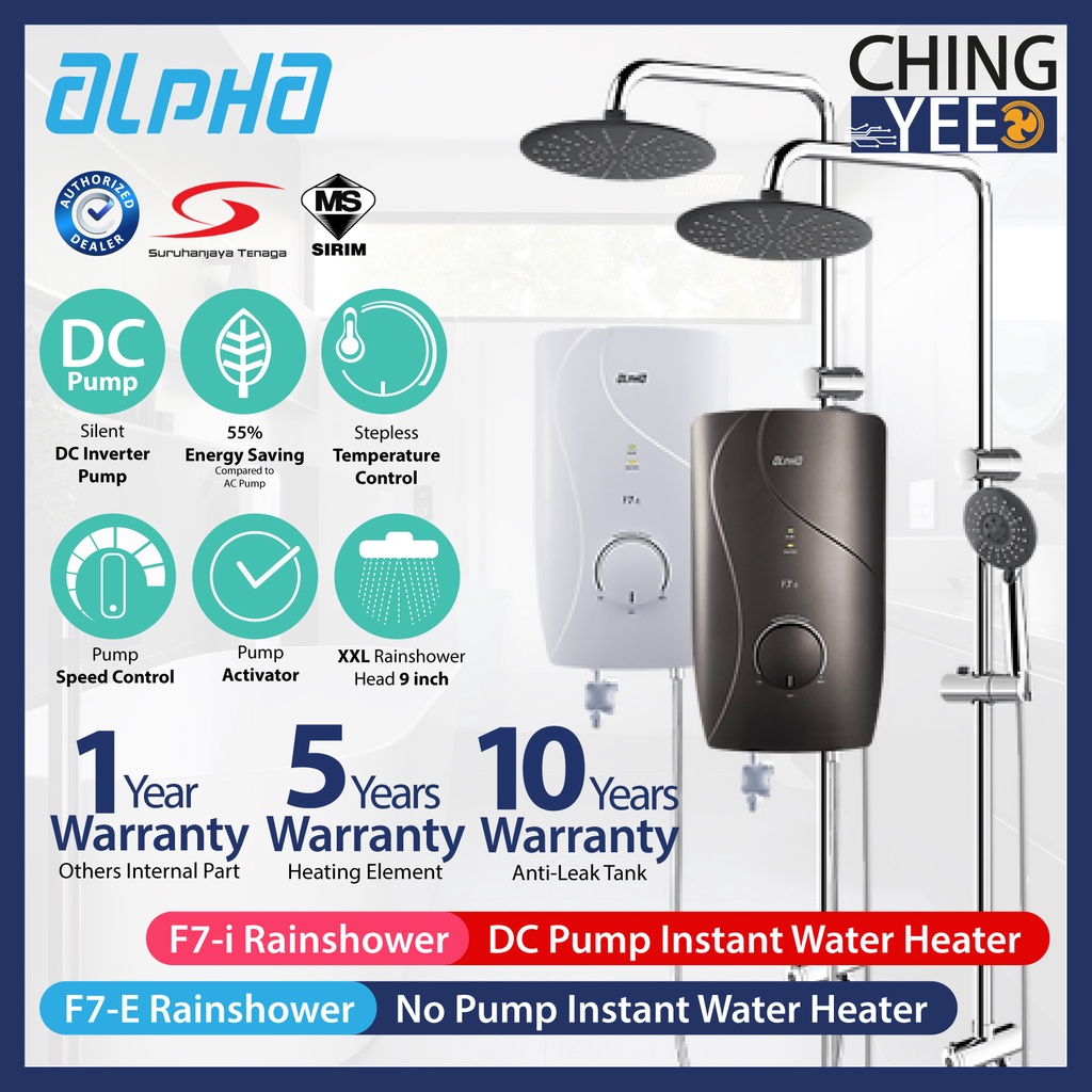 Alpha Instant Water Heater F7-i Rainshower with DC Dump & F7-E Rainshower without Pump with ...