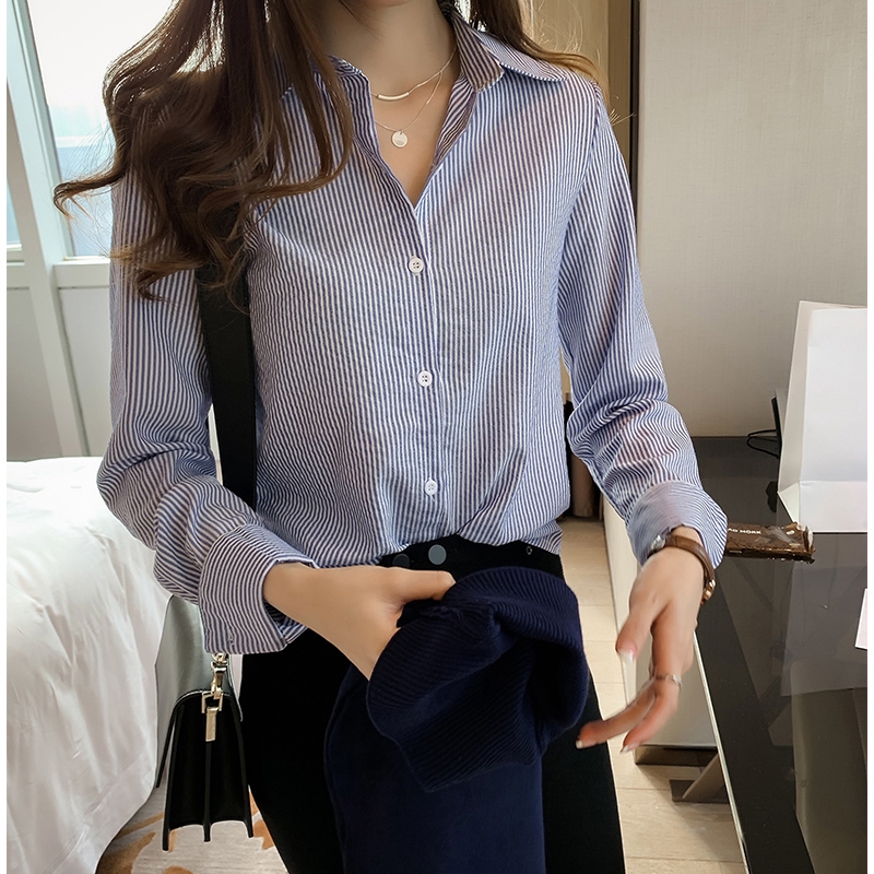 OL Wear Stripe Shirt women Korean style Loose casual long sleeve Blouse ...