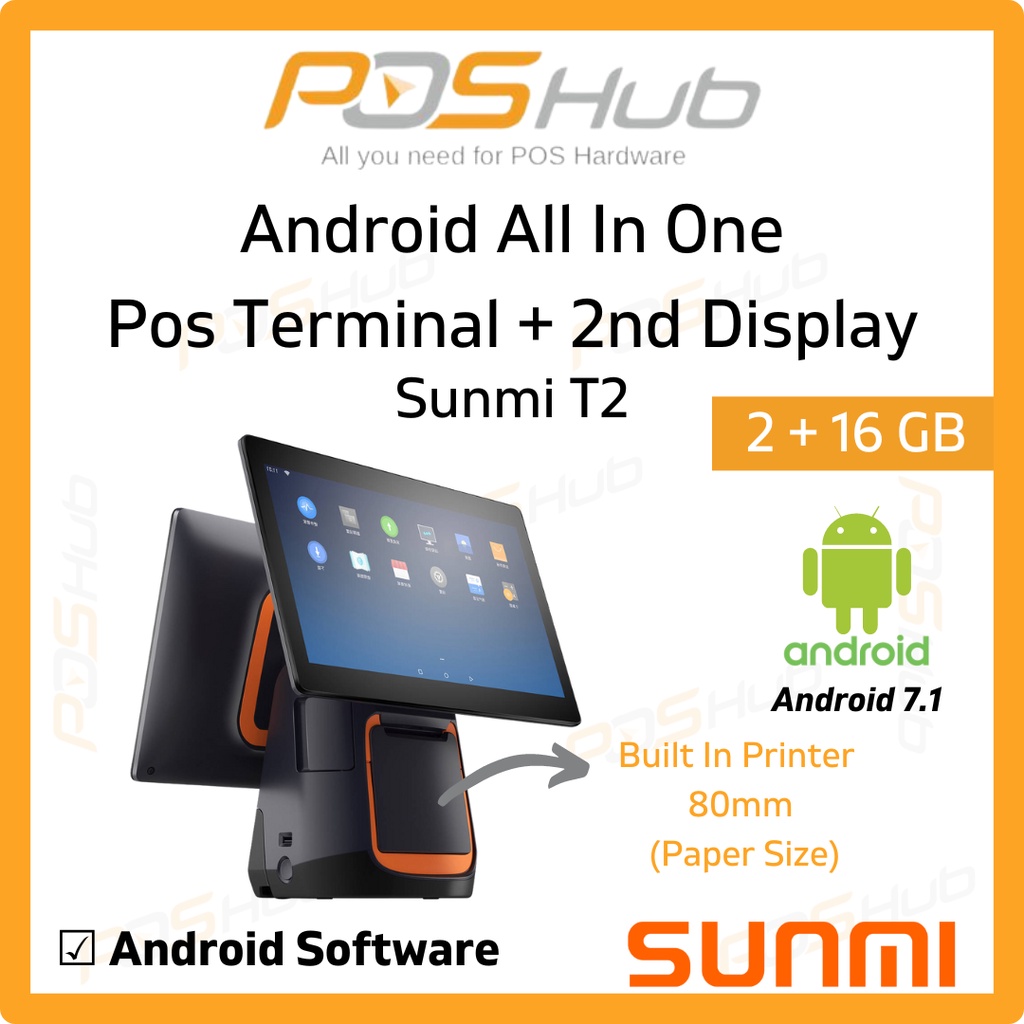 Sunmi T2 15.6" Touchscreen POS Android Terminal + 10.1" Second Display ...