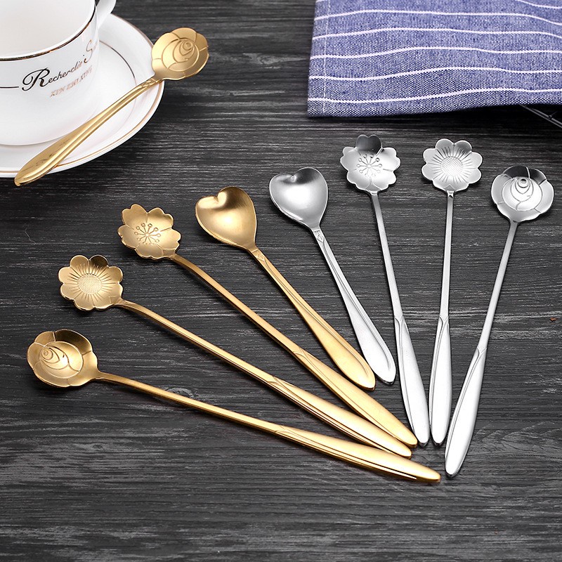 Stainless Steel Flower Spoon 32 Kinds of Carved Flower Golden Rose Gold ...