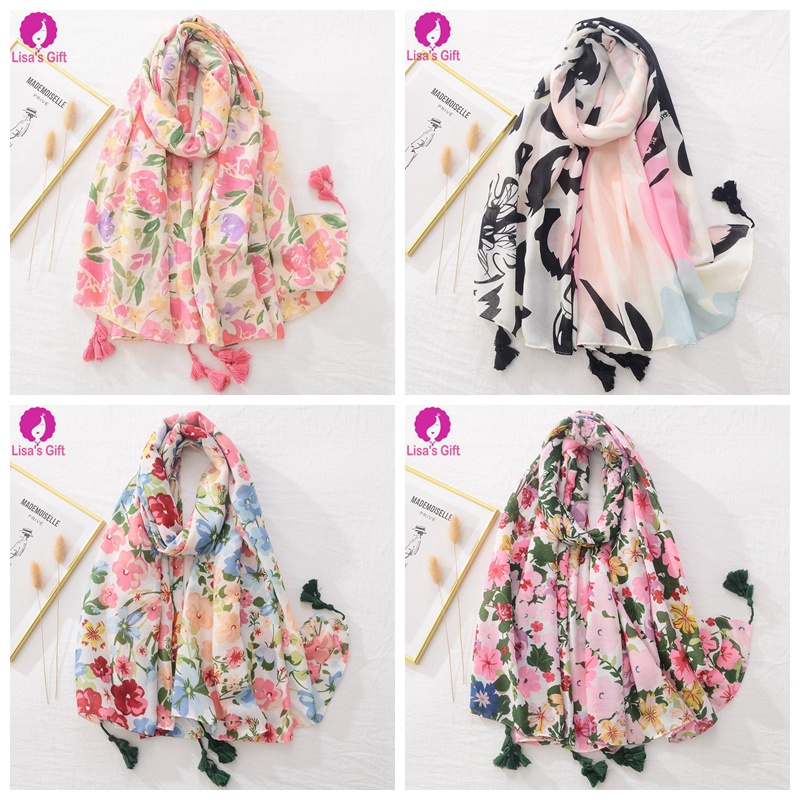 🔥Lisa fashion flowy cotton shawl floral printed wide shawl corak women ...